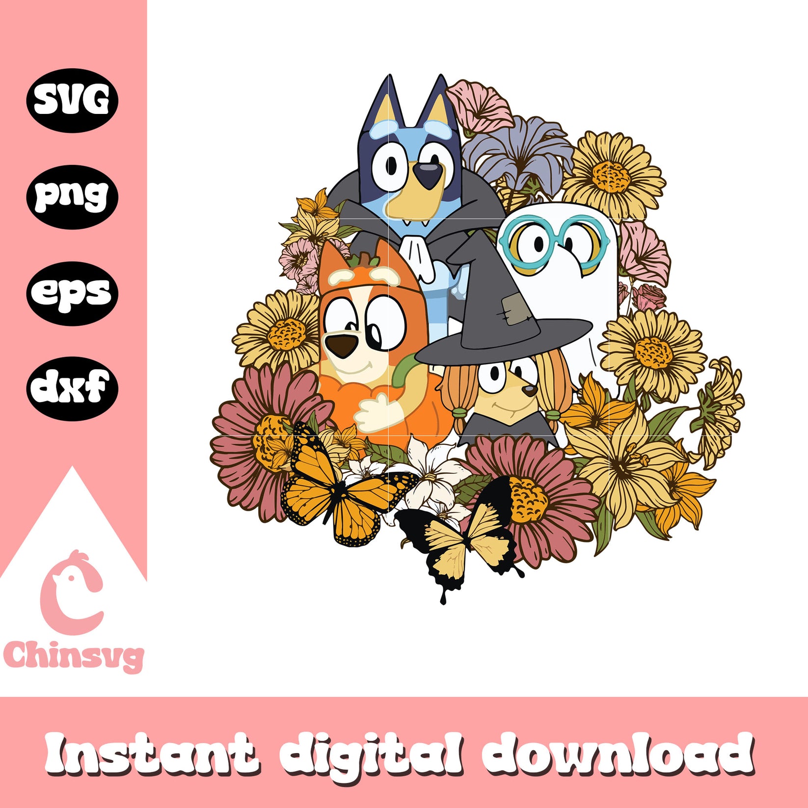 Bluey and friends vintage flower svg, bluey halloween svg – Chinsvg