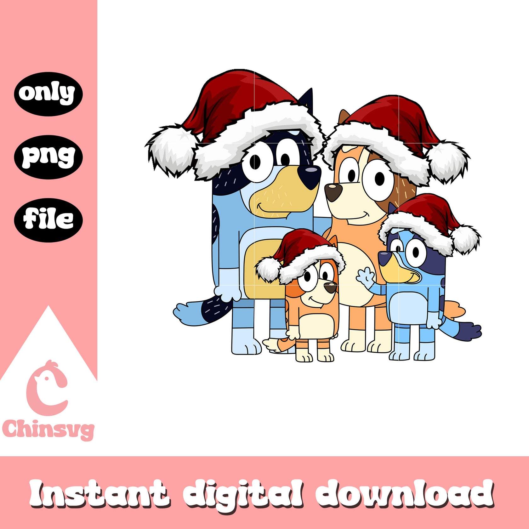 Bluey dog family santa hat design png, bluey family christmas png – Chinsvg
