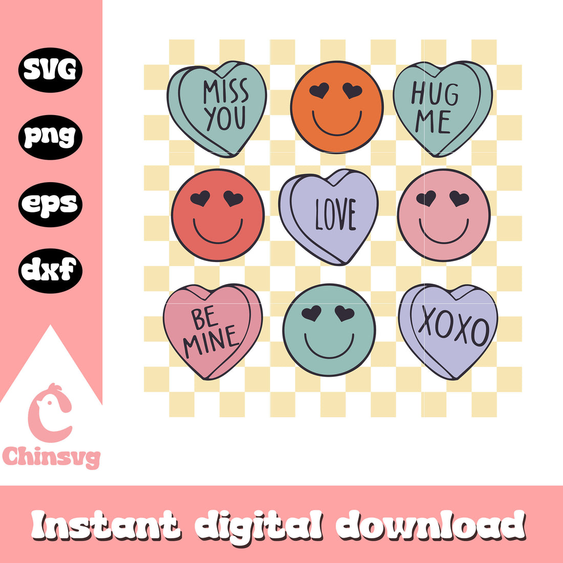 Checkered pattern smile and heart svg, smile emoji svg, valentine svg ...