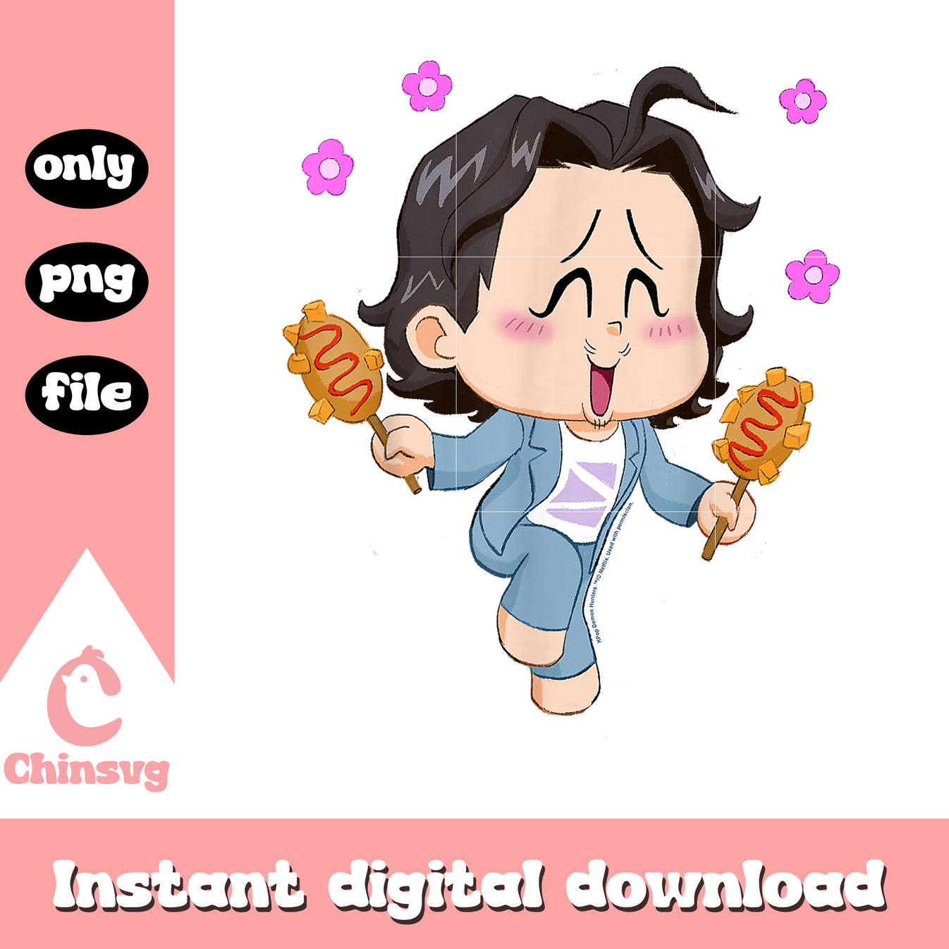 Chibi bobby enjoying corn dogs t-shirt design png, demon hunter png ...