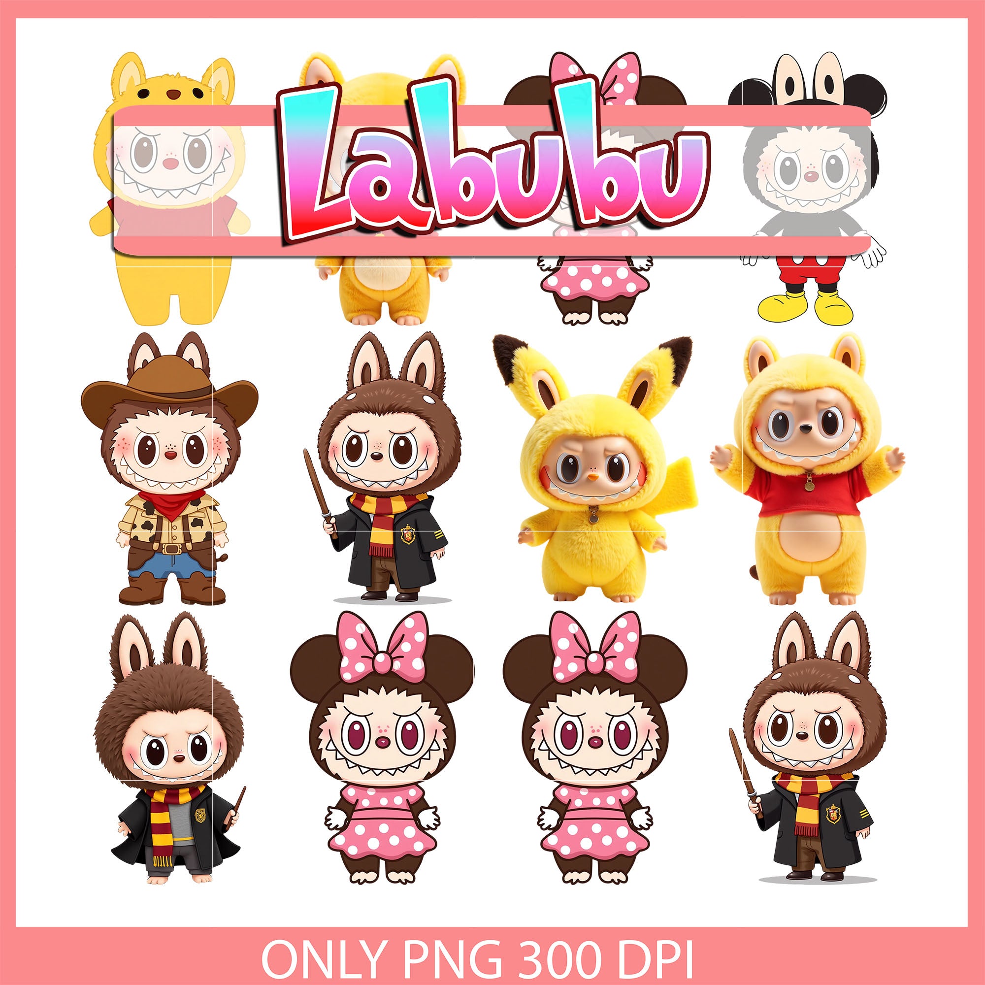 Cute characters labubu cosplay clipart bundle png, labubu clothing png ...