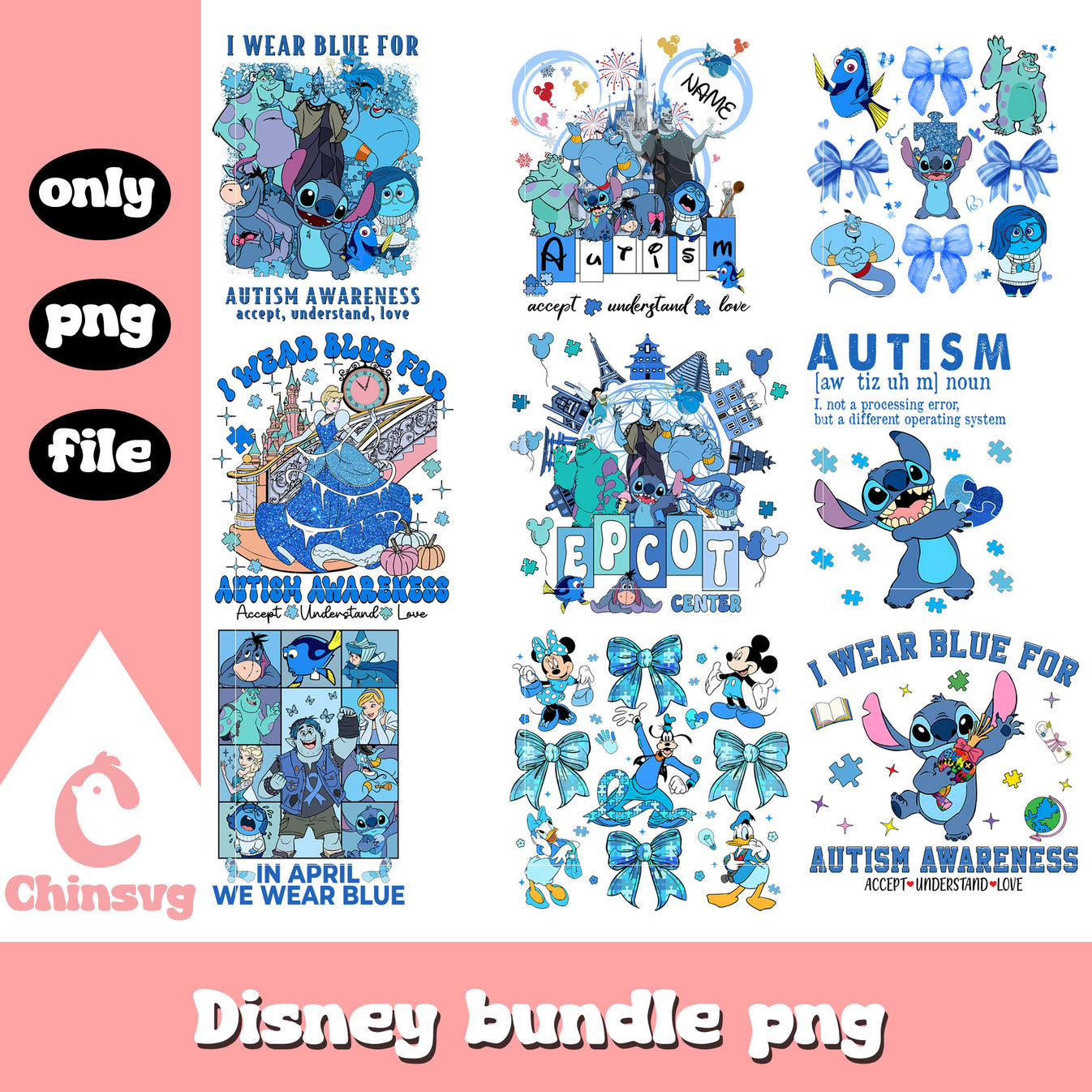 Disney characters on autism awareness day bundle png, disney png – Chinsvg