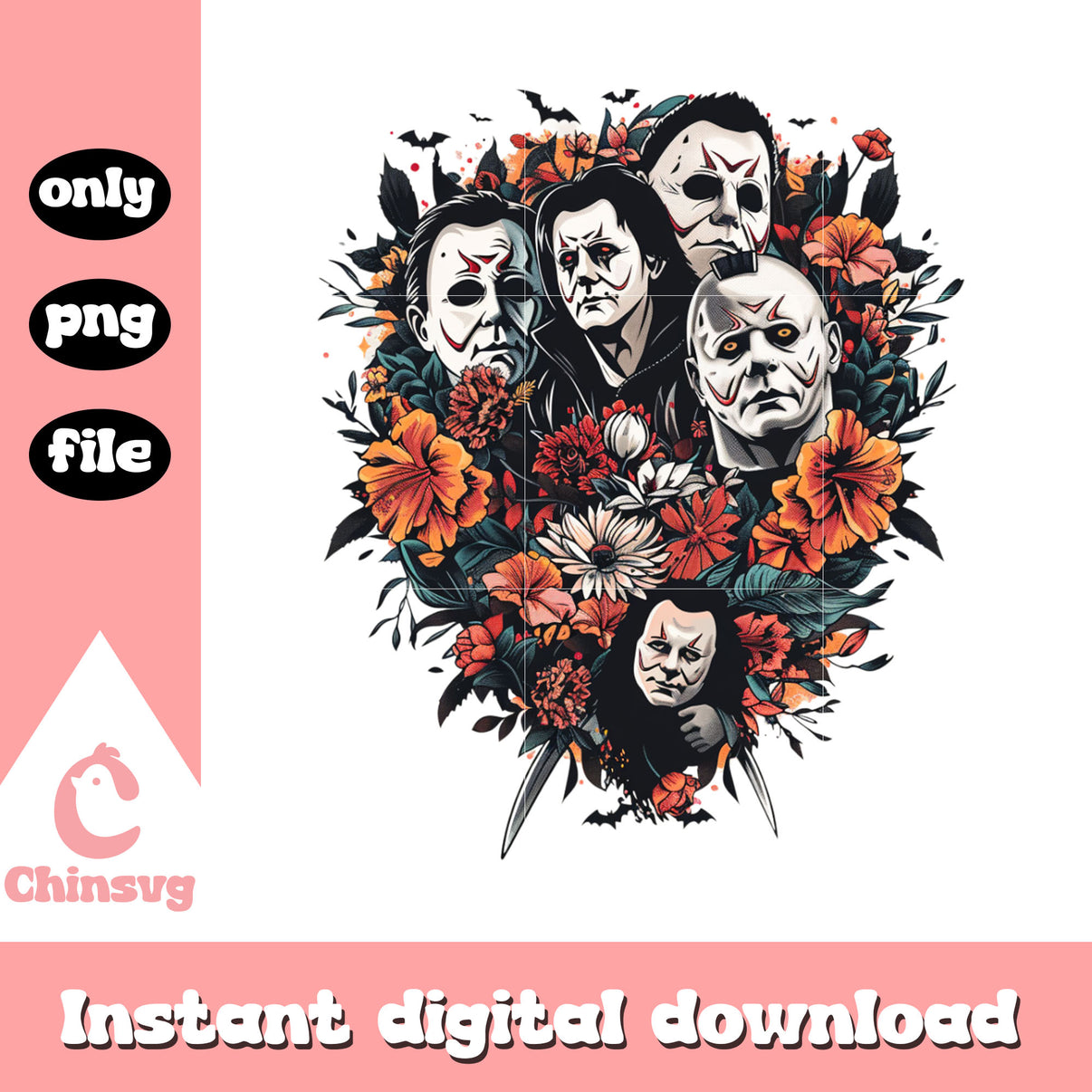 Floral horror face design png, characters spooky png, halloween png ...