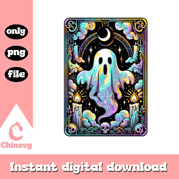 Ghost hovering golden tarot card png, horror cute ghost tarot card png ...