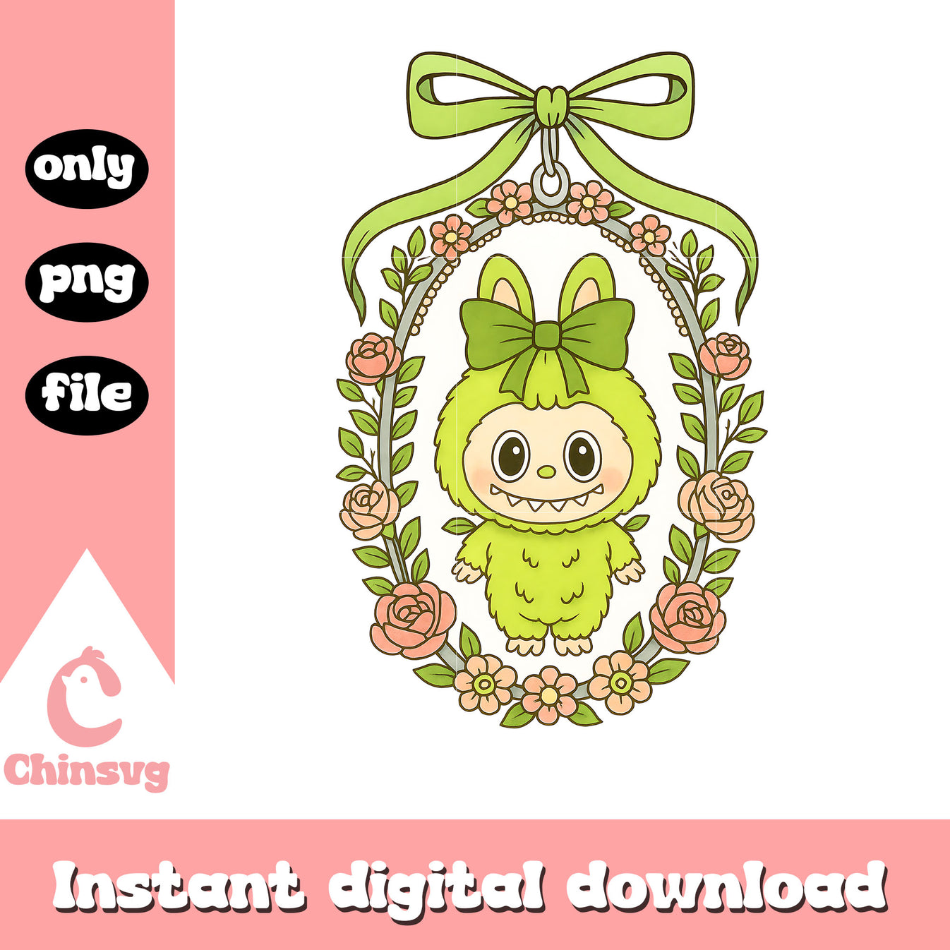 Green labubu coquette bow floral mirror design png, labubu green png ...