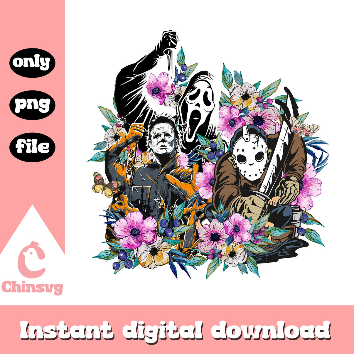 Horror characters floral halloween design png, horror characters png ...