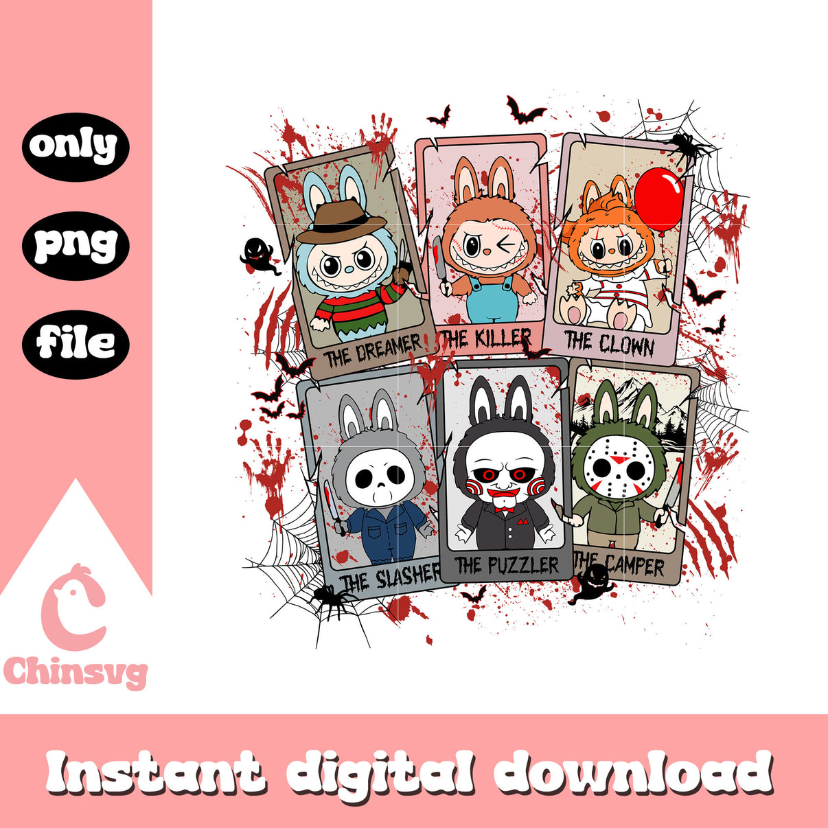 Horror characters labubu cards design png, spooky characters movies pn ...