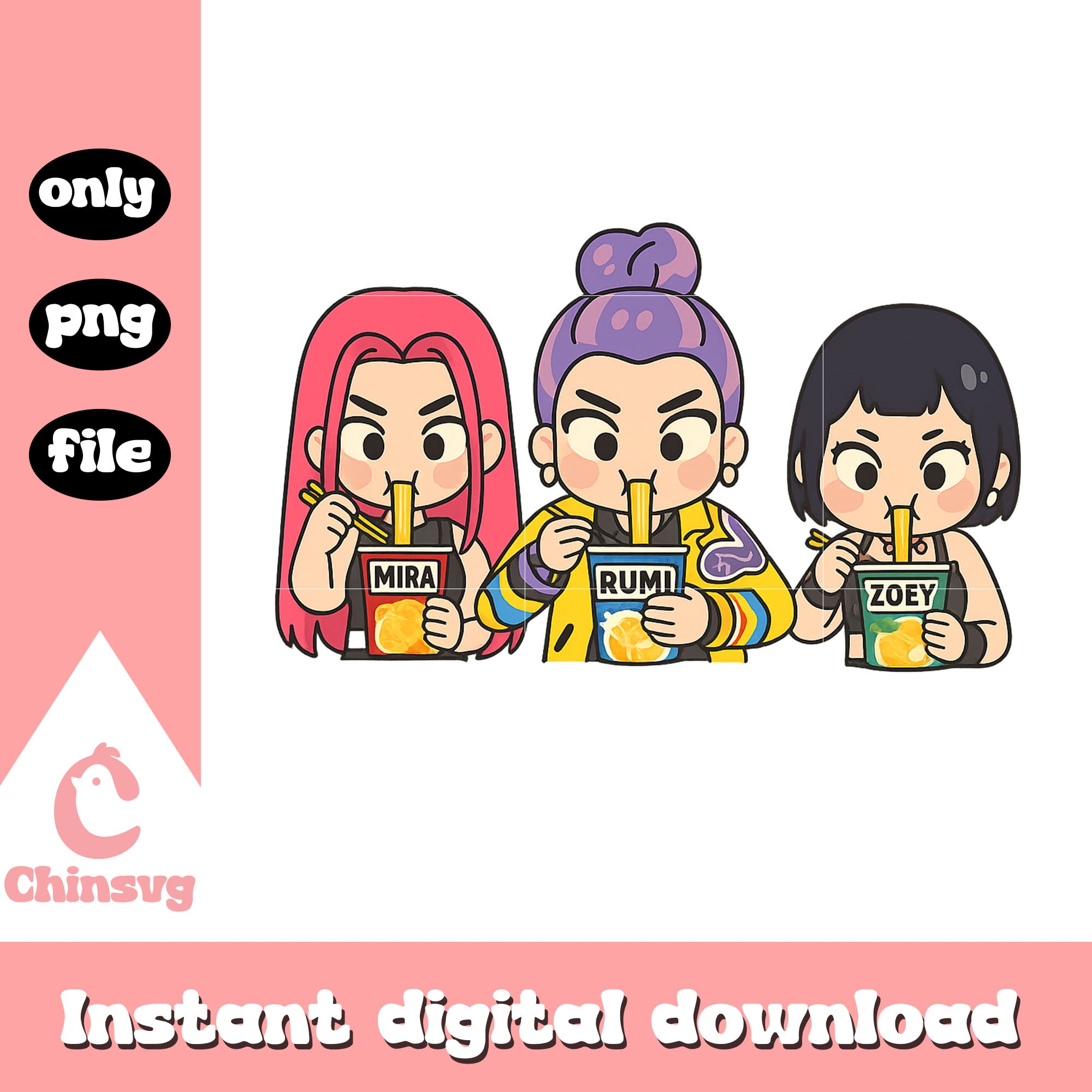 Huntrix members eating noodle png, k-pop demon hunters png – Chinsvg