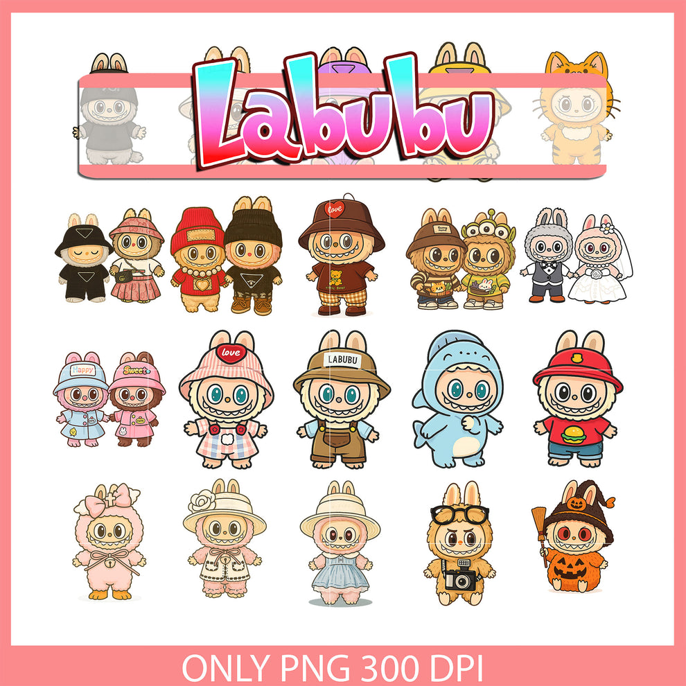 Labubu adorable outfits clipart bundle png, labubu clothing png – Chinsvg