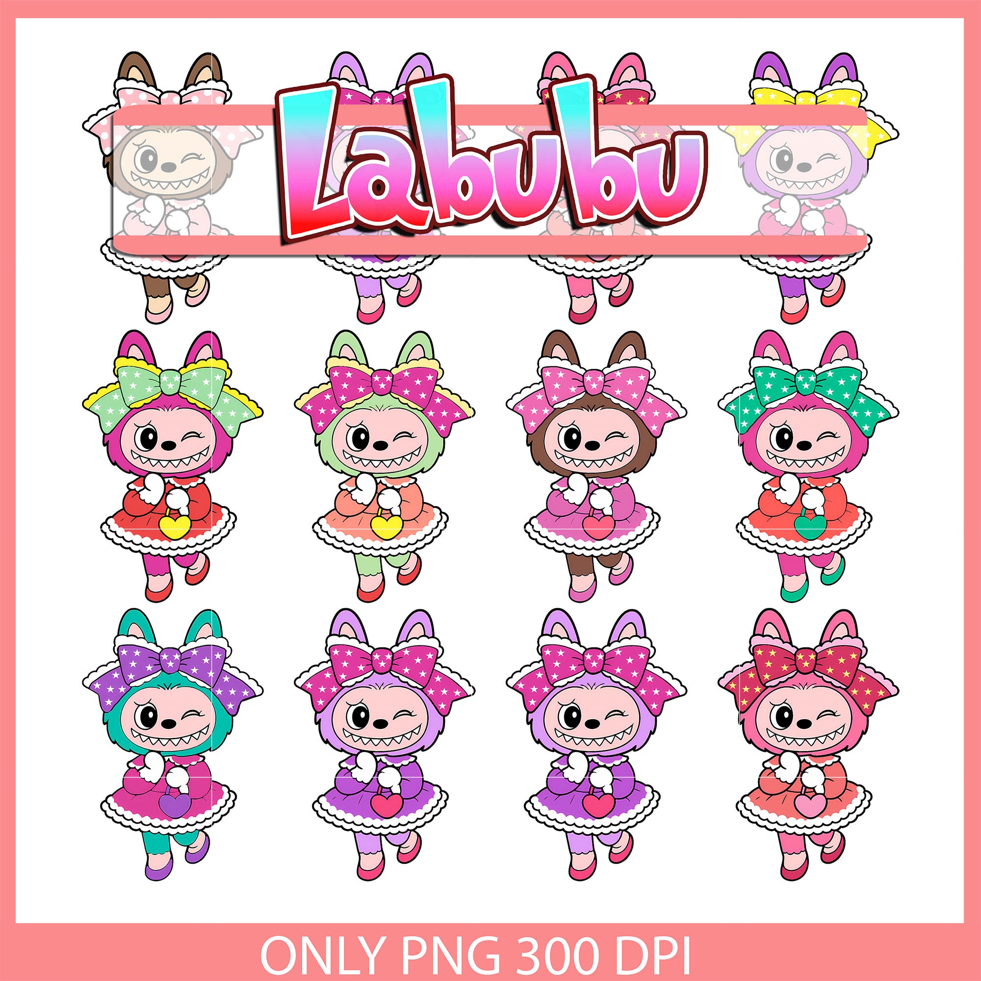 Labubu bow dress outfits design bundle png, labubu the monster png ...