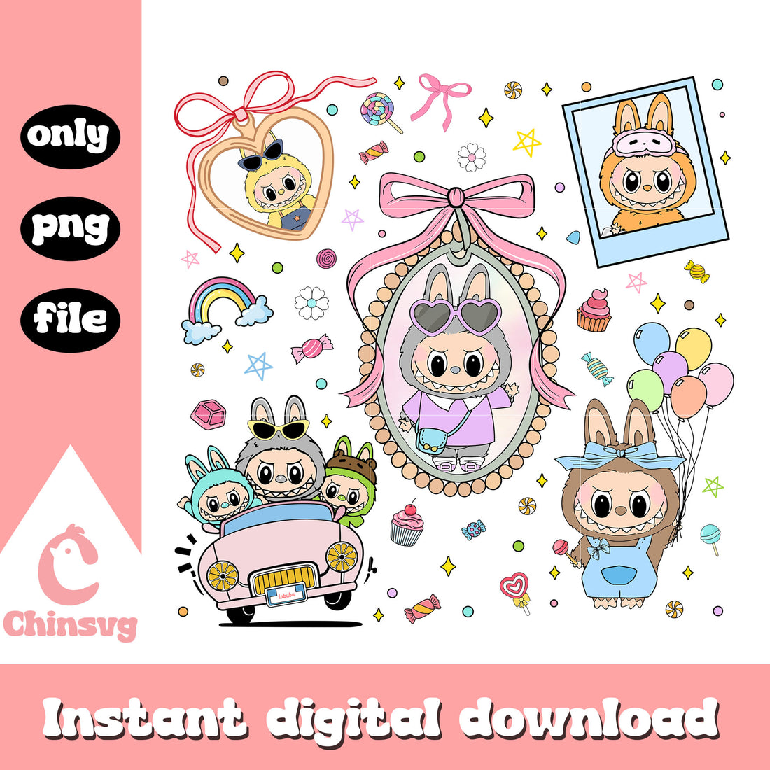 Labubu coquette ribbon clipart design png, labubu outfits png – Chinsvg