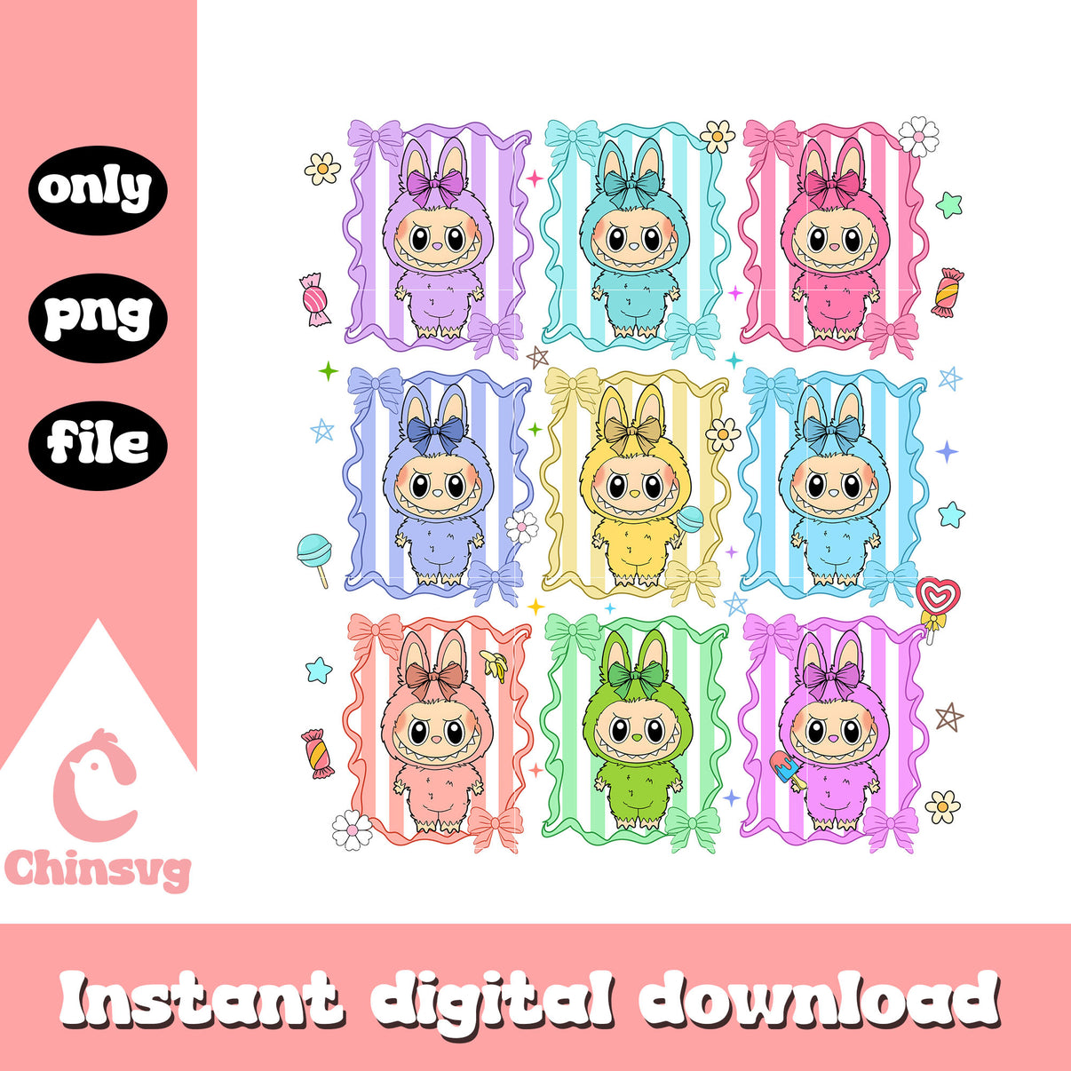 Labubu doll coquette bow frame design png, labubu the monsters png ...