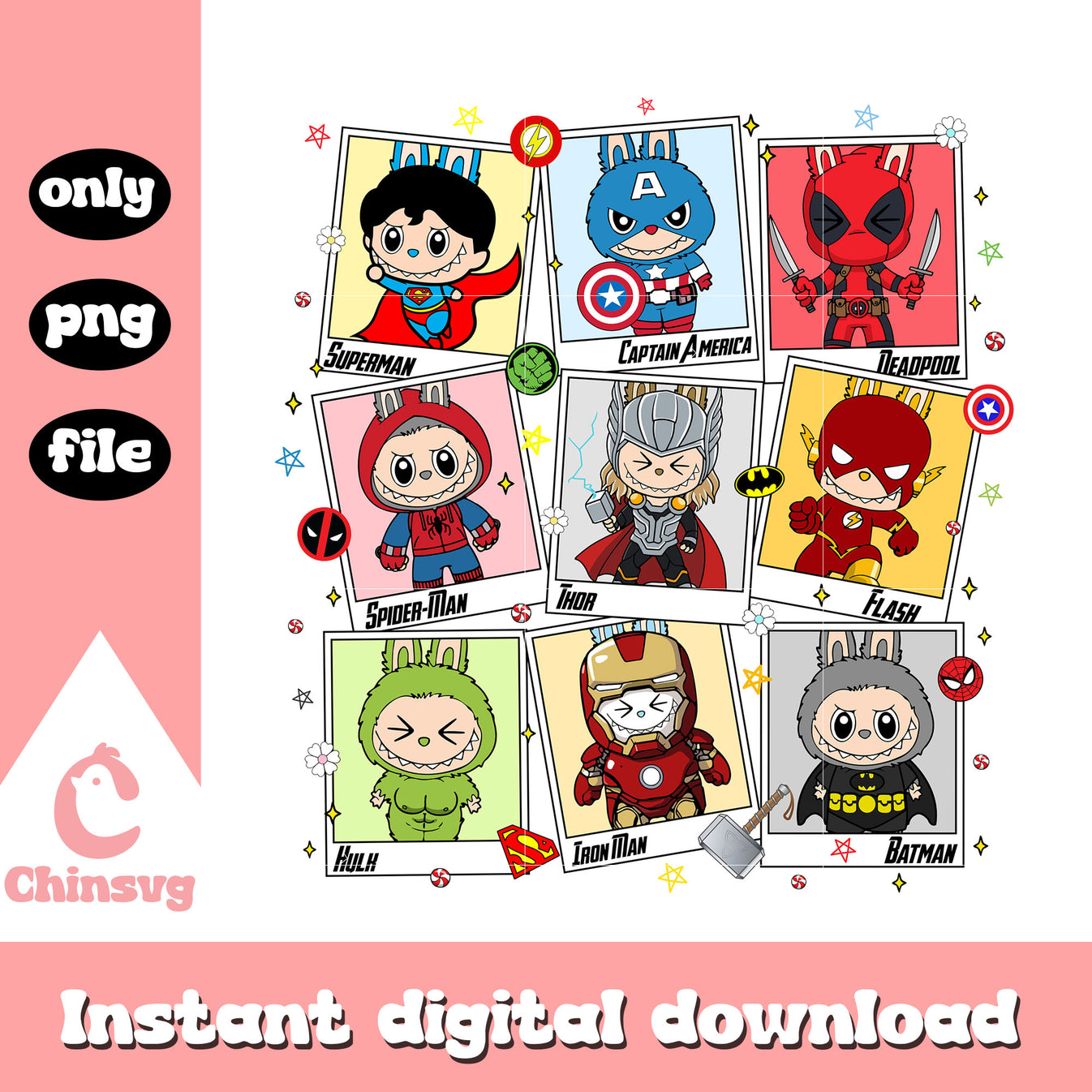 Labubu doll heroes costumes cards design png, labubu png – Chinsvg