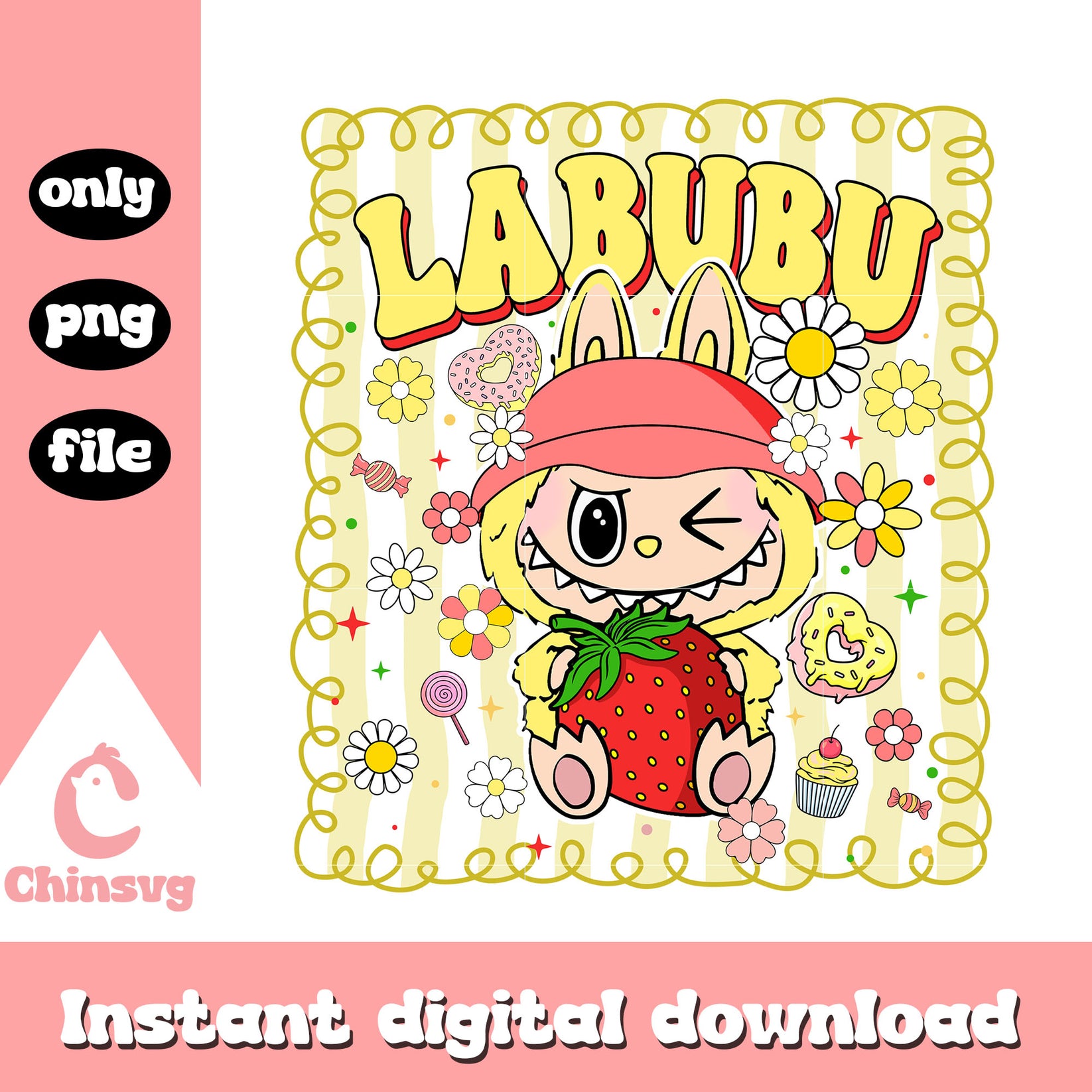 Labubu doll strawberry floral frame design png, labubu png – Chinsvg