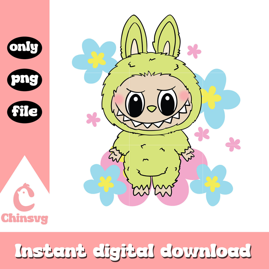 Labubu green floral drawing design png, labubu pop mart png – Chinsvg