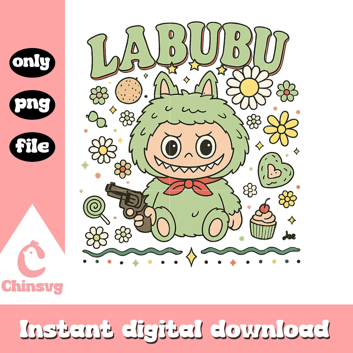 Labubu hand gun ver drawing design png, green labubu png – Chinsvg