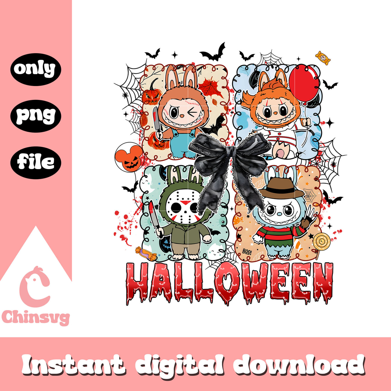 Labubu horror characters bow frame design png, horror characters png ...