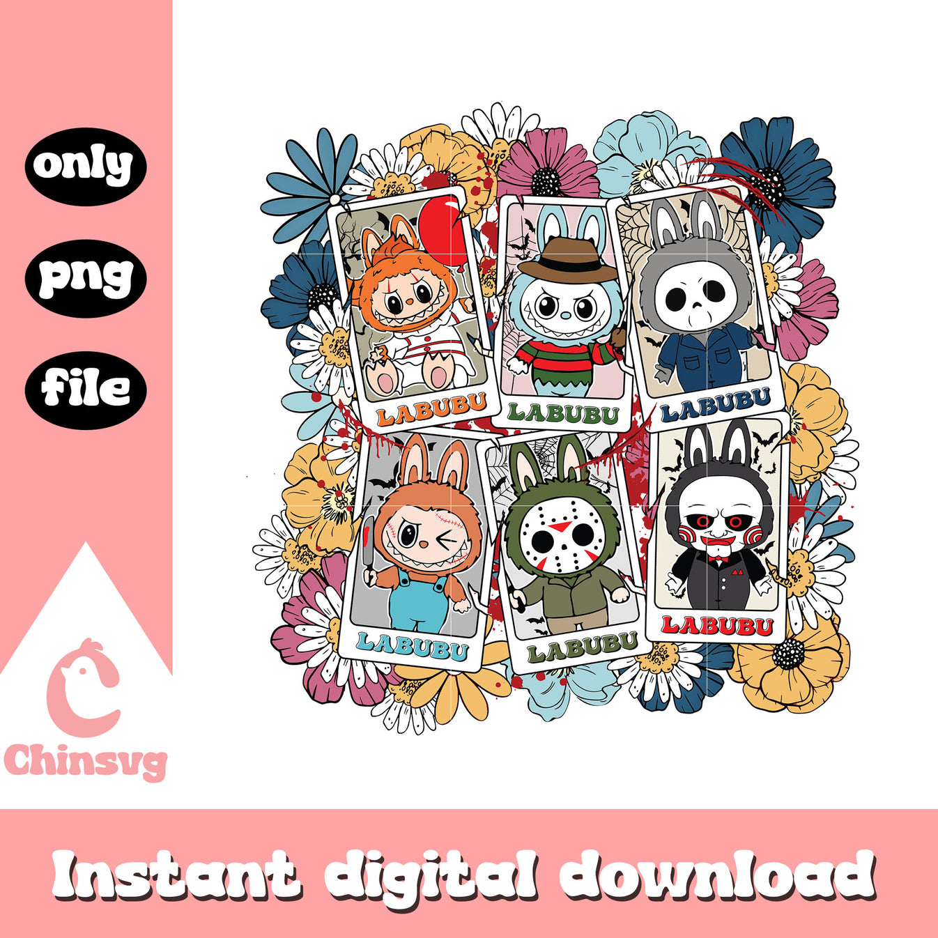 Labubu horror characters floral cards design png, labubu toy png – Chinsvg