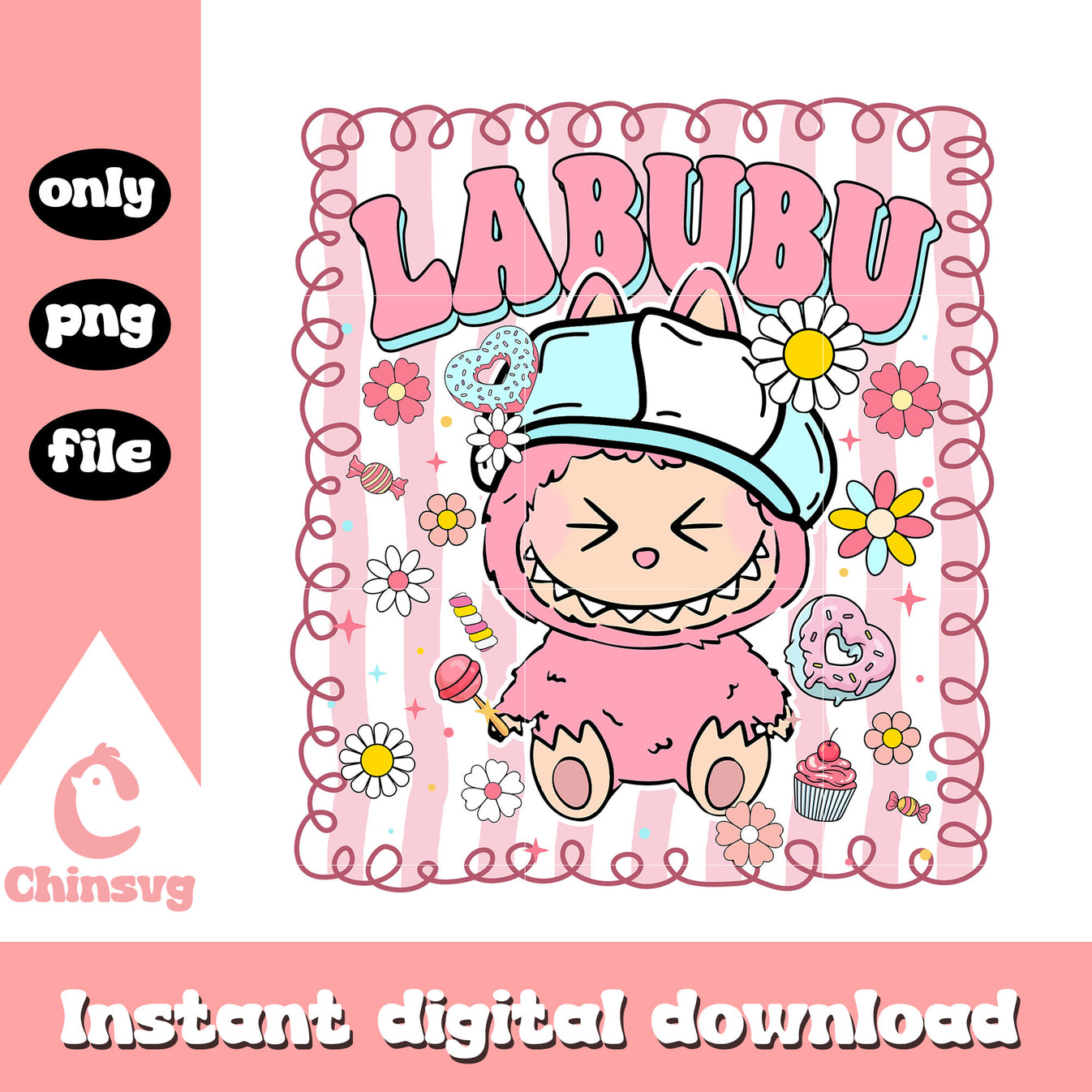 Labubu pink doll floral frame design png, baby labubu png – Chinsvg