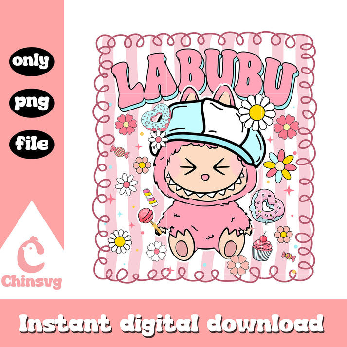 Labubu pink doll floral frame design png, baby labubu png – Chinsvg