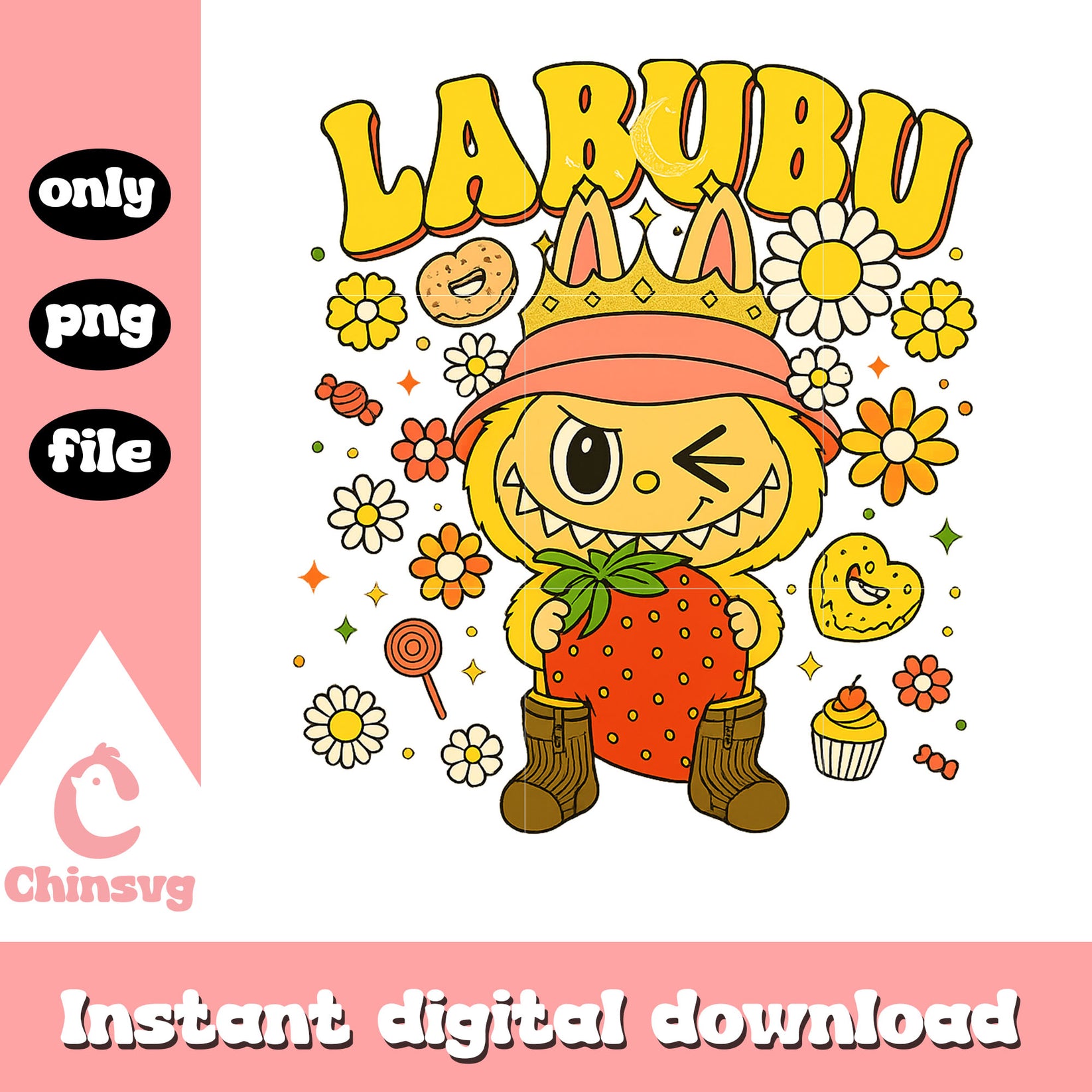 Labubu yellow hand strawberry ver drawing png, yellow labubu png – Chinsvg