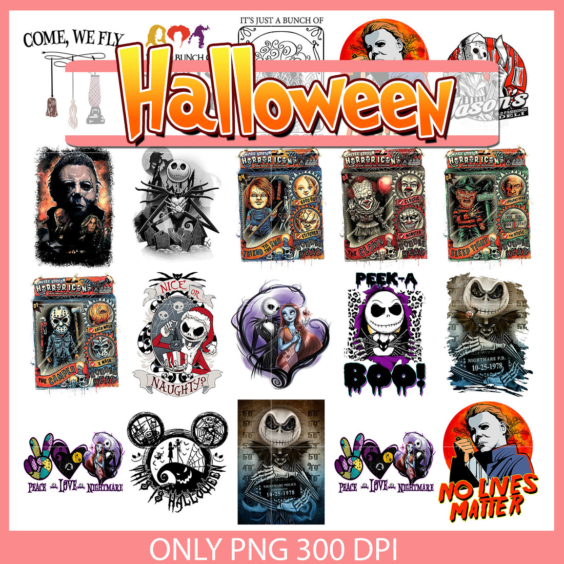 Peace love nightmare halloween bundle png, horror movie character png ...