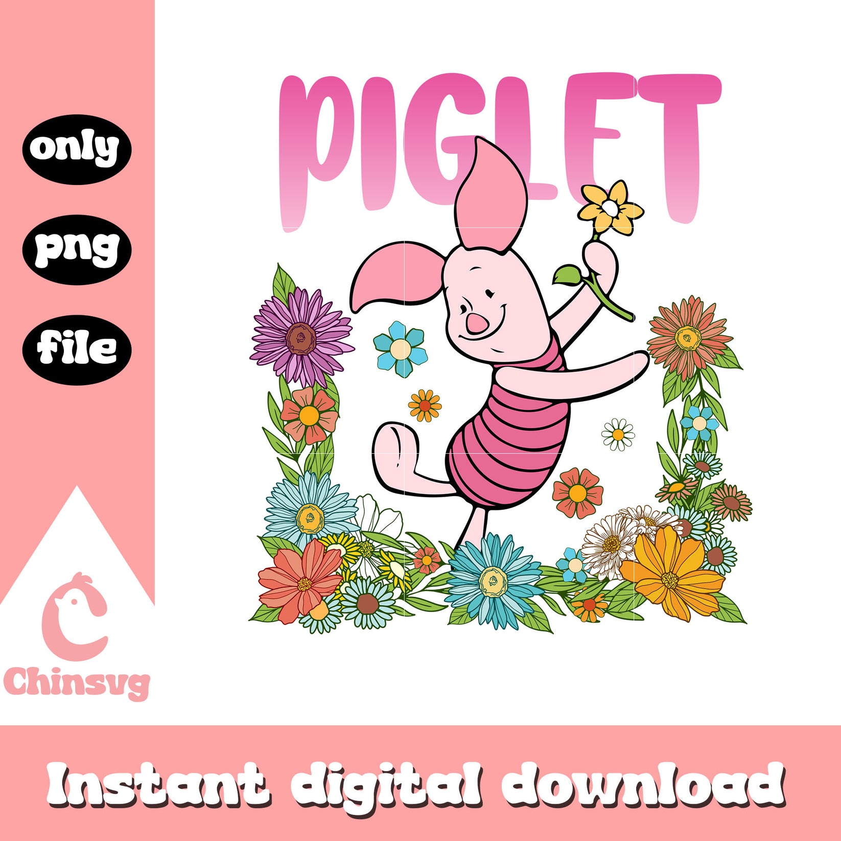 Piglet character vintage flower png, disney character png – Chinsvg