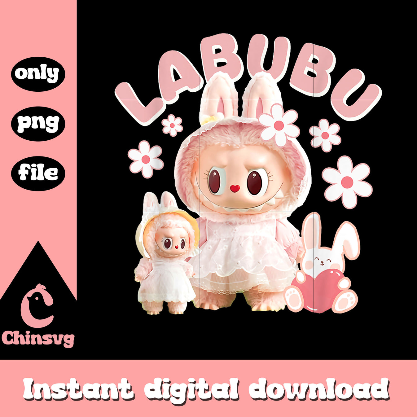 Pink cute labubu flower design png, labubu pink png, labubu art png ...
