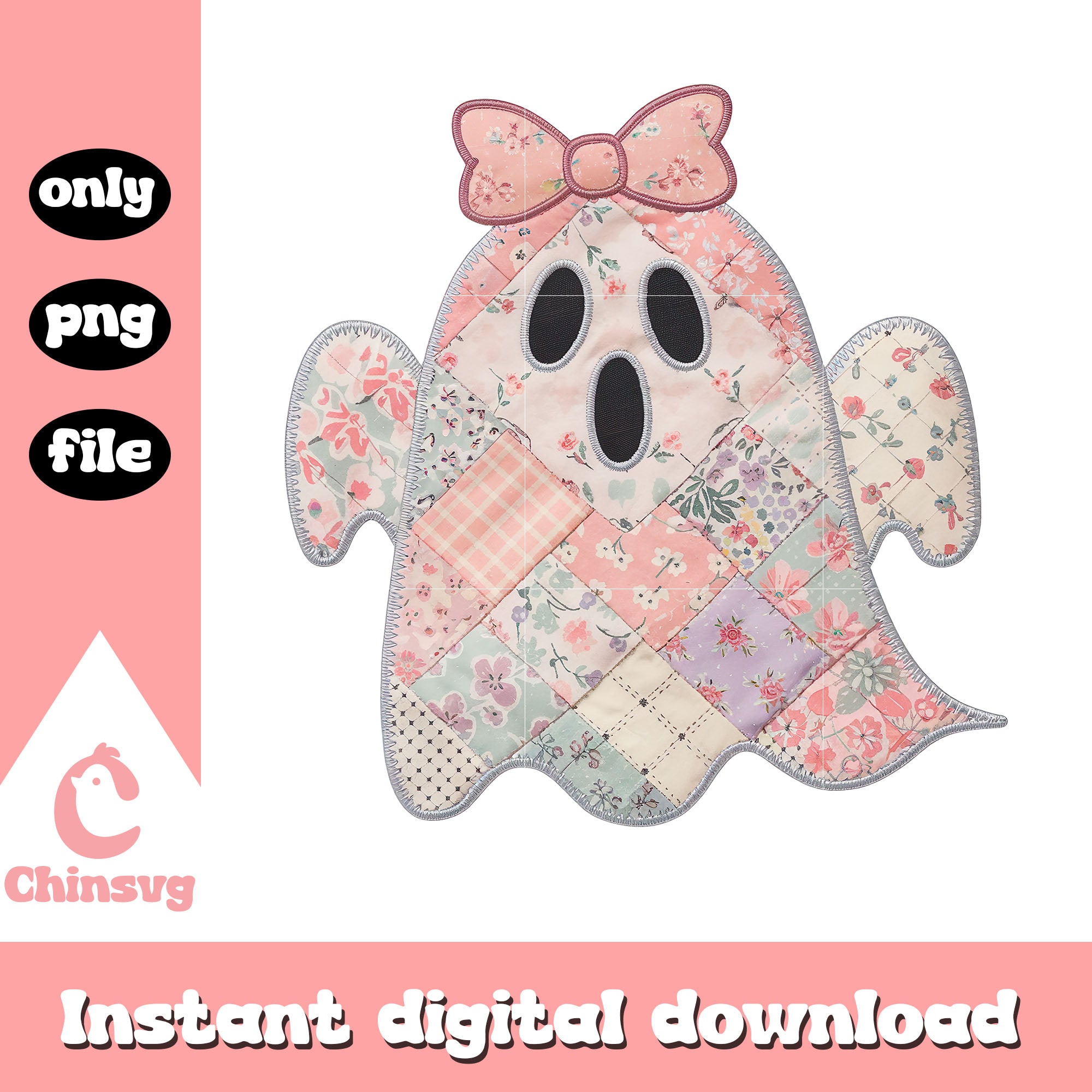 Pink patchwork halloween ghost png, halloween png – Chinsvg