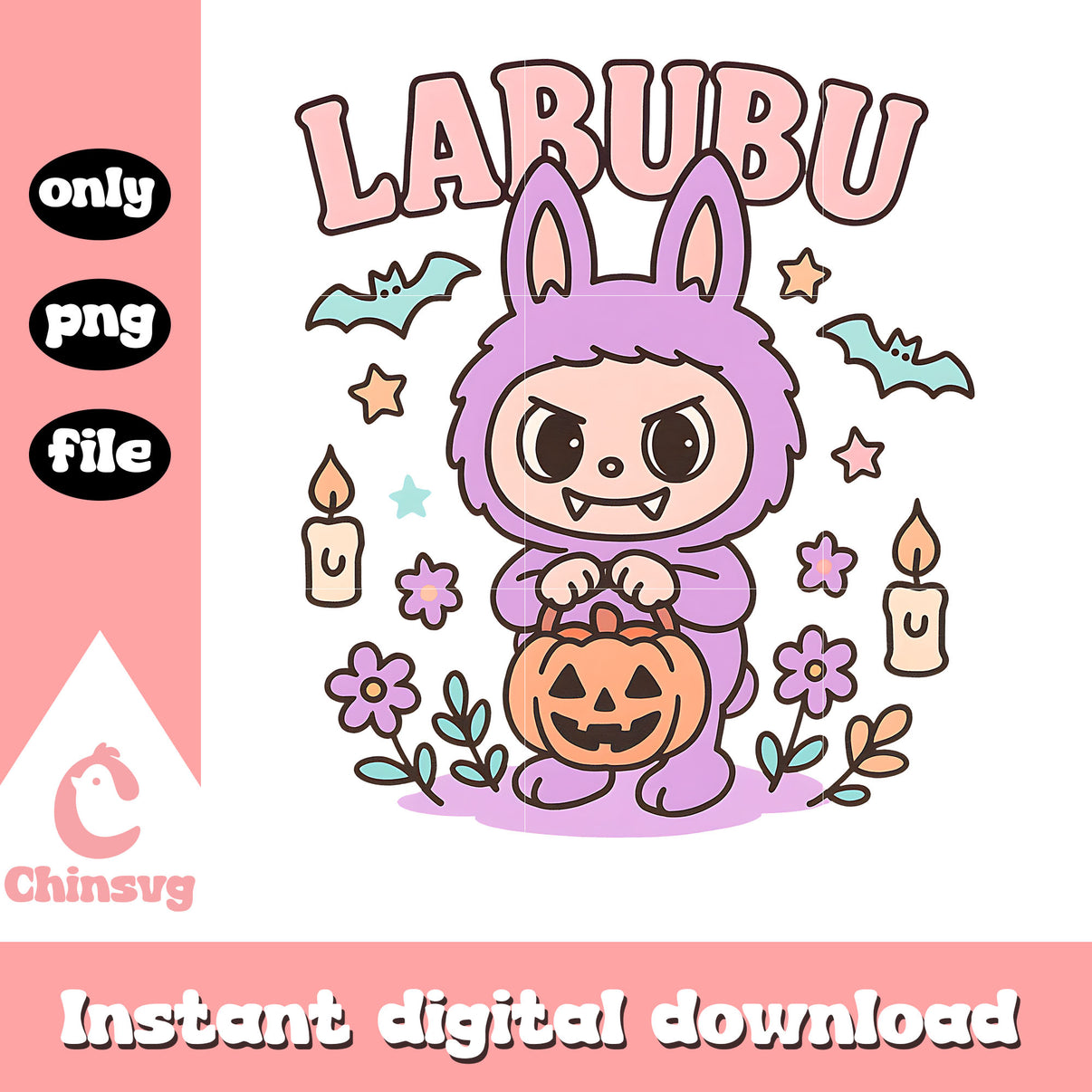 Purple labubu holding pumpkin design png, pumpkin halloween png – Chinsvg