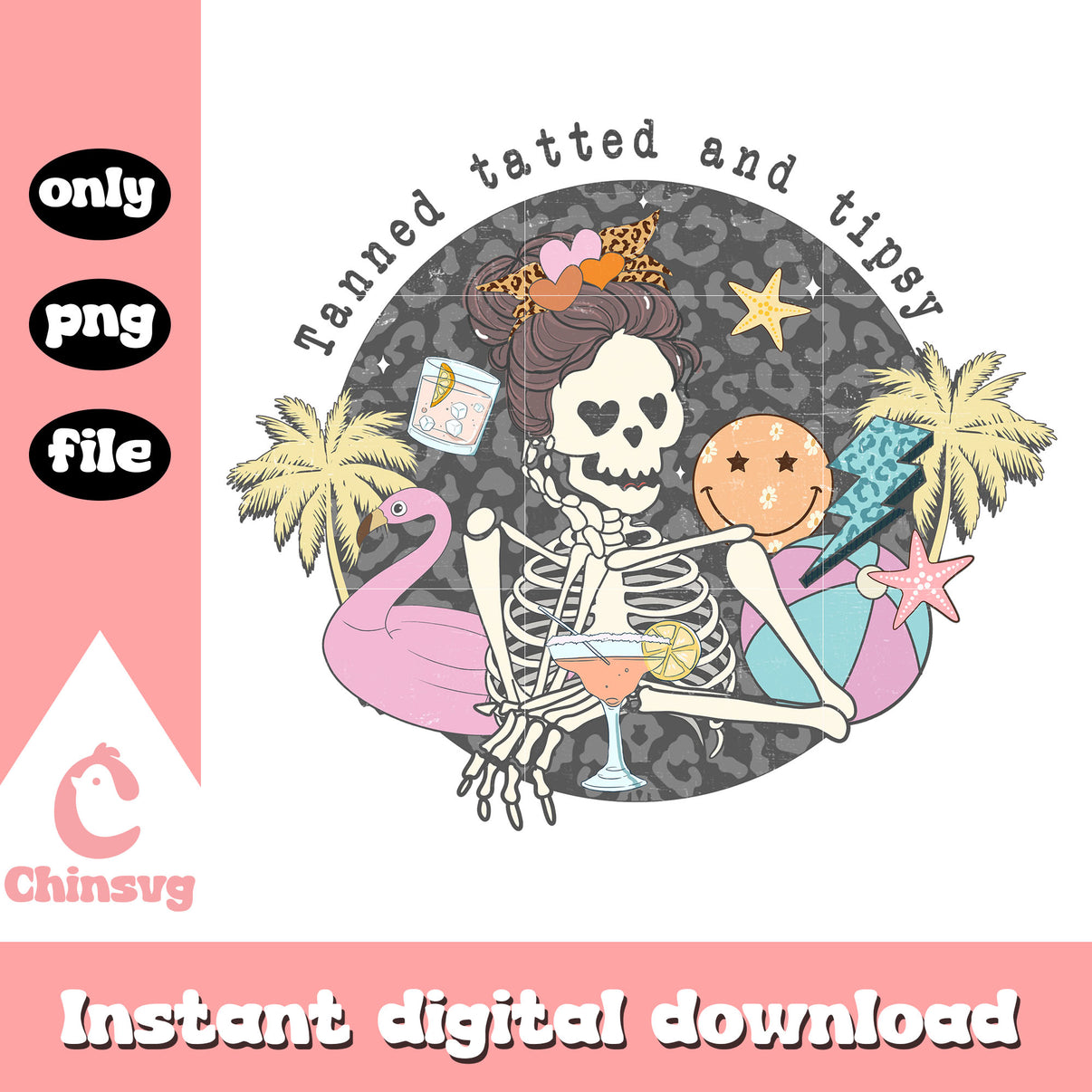 Retro Tanned tatted and tipsy skeleton png, summer vibe quotes png ...