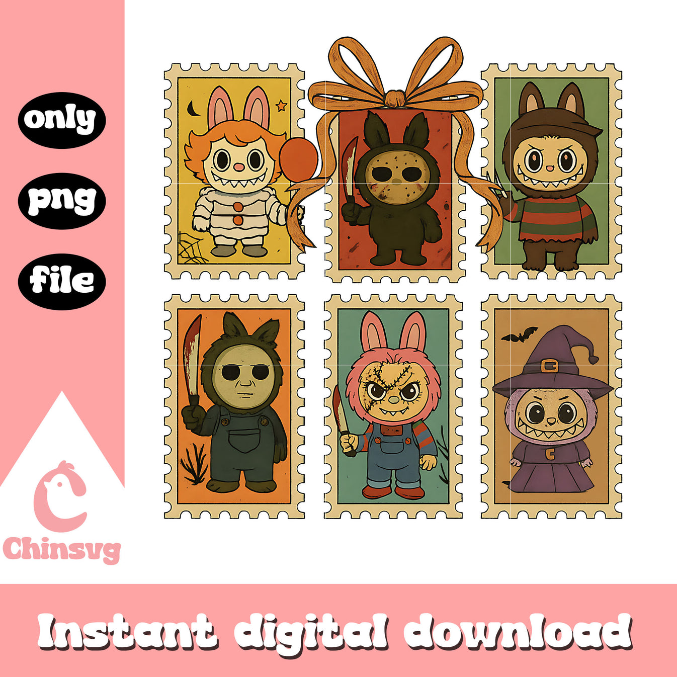 Spooky killer labubu coquette bow stamps design png, the killers png ...