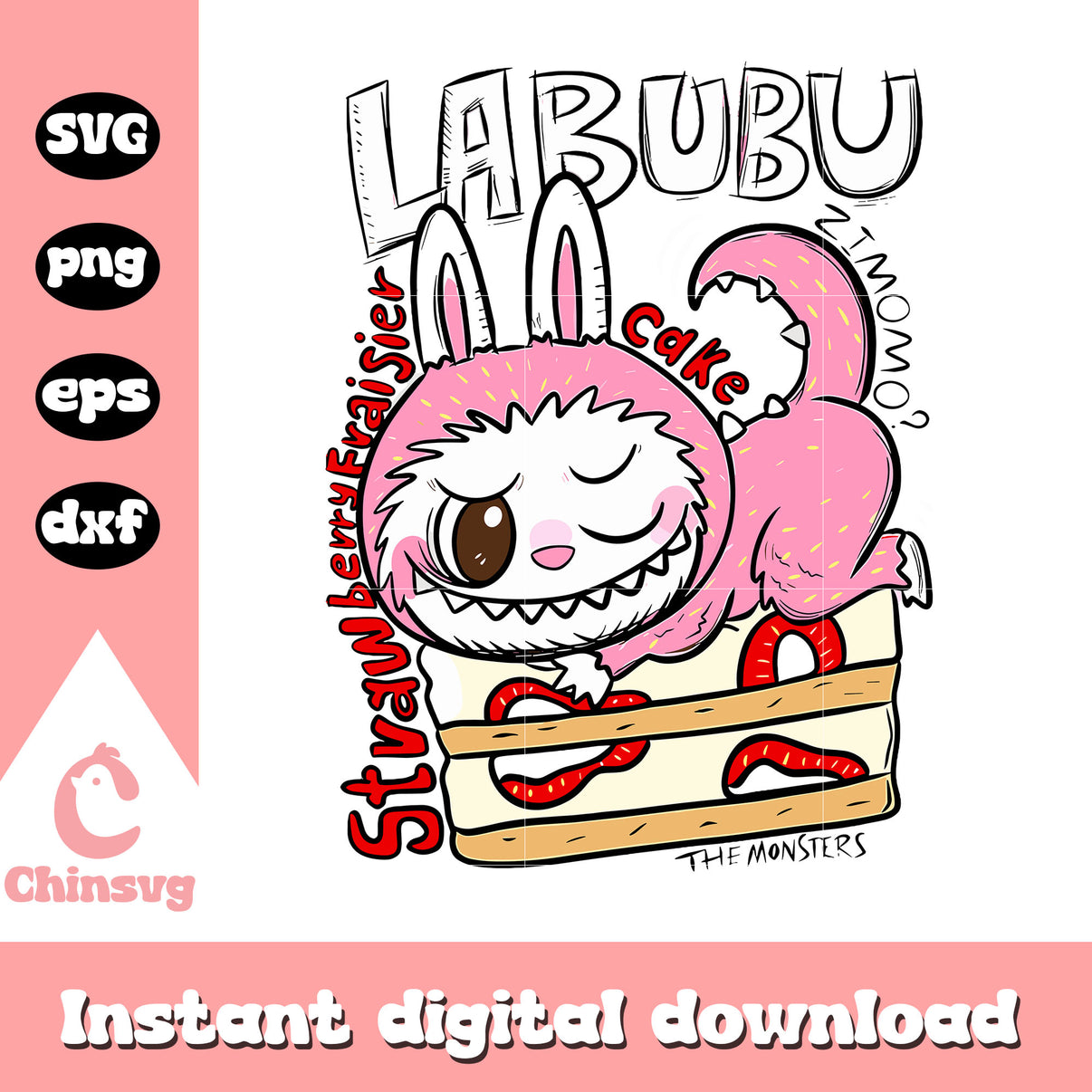 Strawberry cake labubu doll drawing design svg, labubu toy svg – Chinsvg