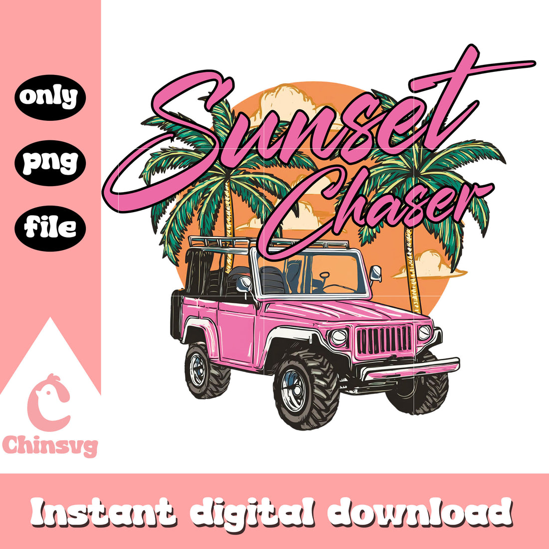 Sunset chaser pink car design png, sunset png, summer vacation png ...
