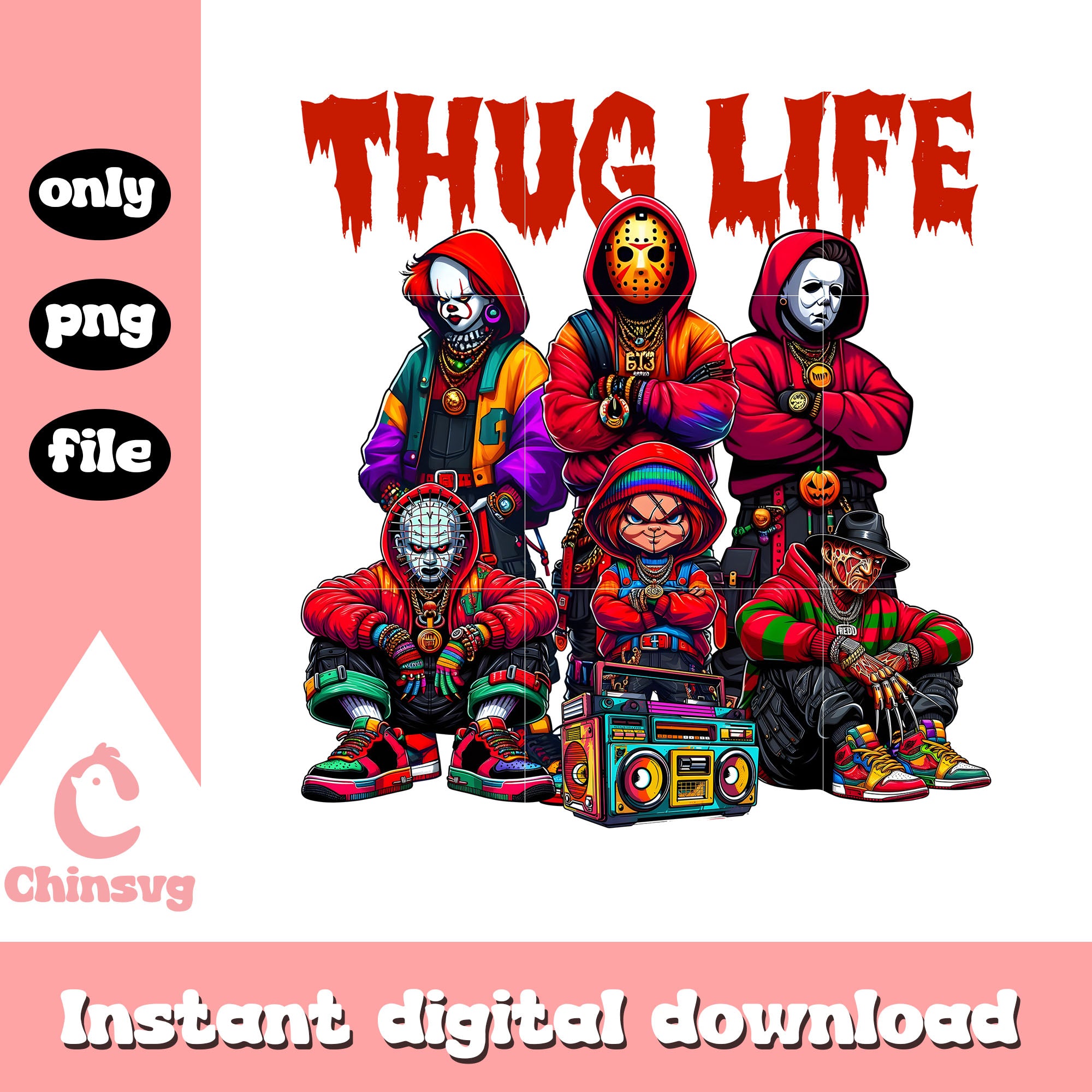 Thug life street style boombox red font png, scary horror movie charac ...
